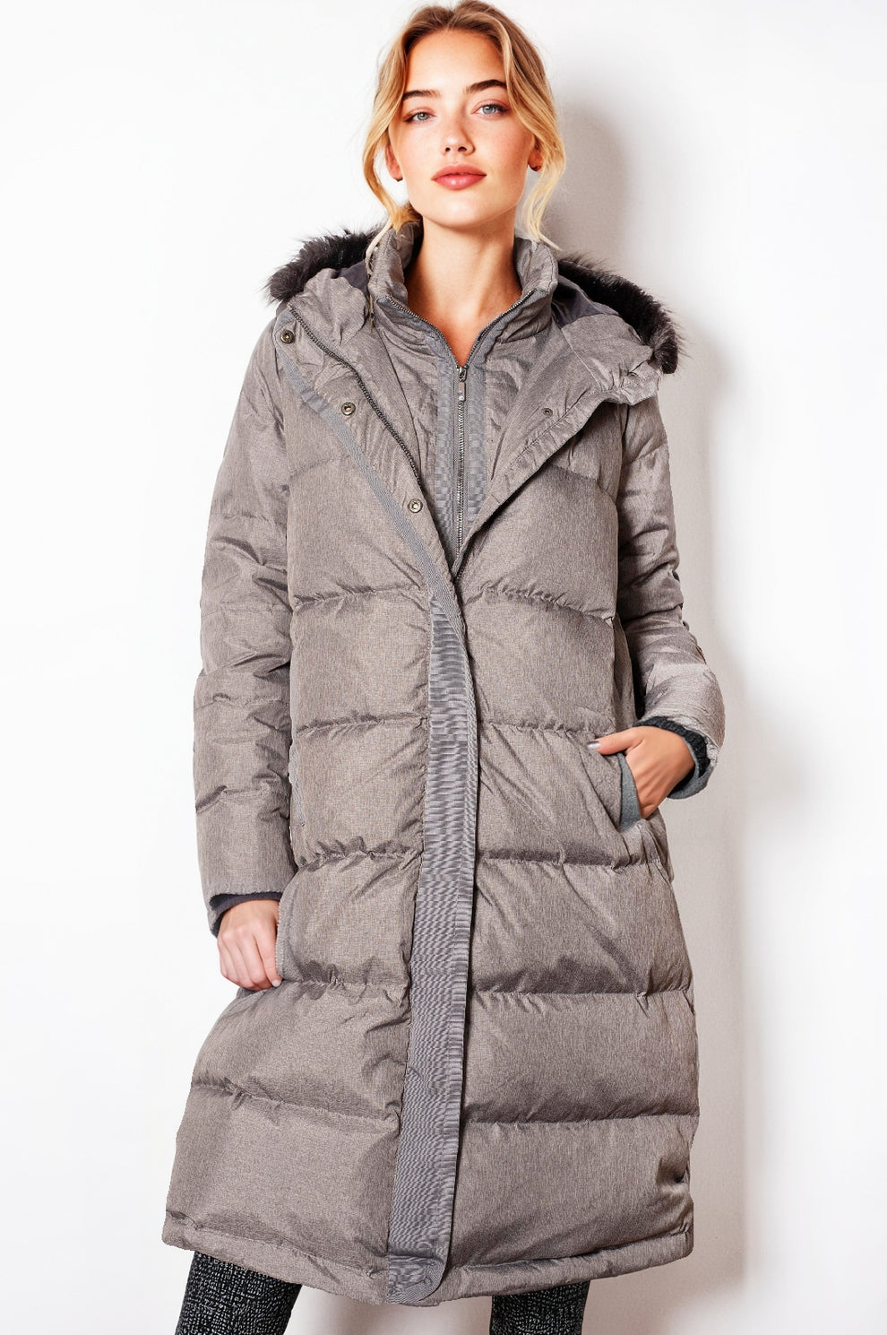 Women's Longline Grey Down Jacket with Hood – Snuglyme